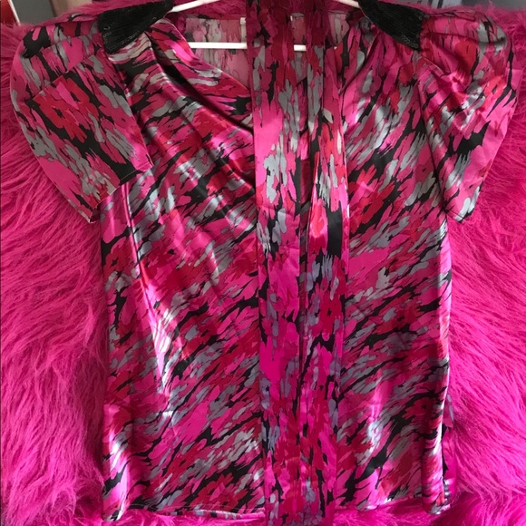 Fred David | Tops | Hot Pink Satin Print With Sequin Shoulder Top ...